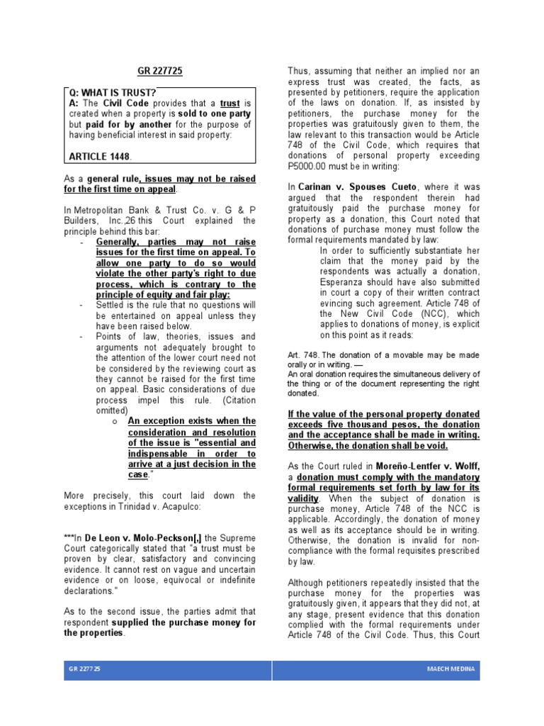 GR 227725 Implied Trust and Donatation Case Digest | PDF | Trust Law ...