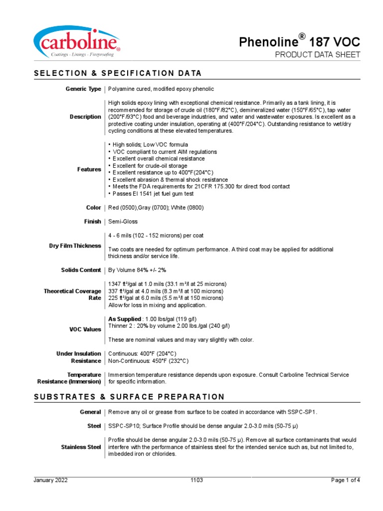 Phenoline 187 VOC: Selection & Specification Data | PDF | Epoxy | Water