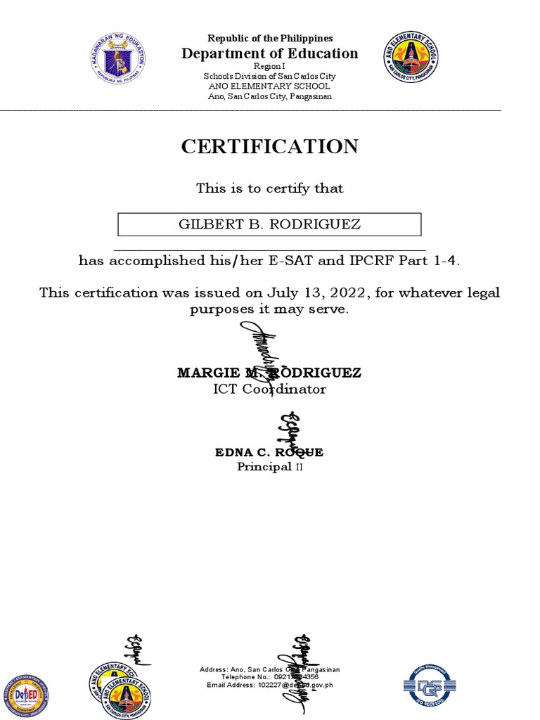 CERTIFICATION Accomplished Ipcrf and Esat | PDF