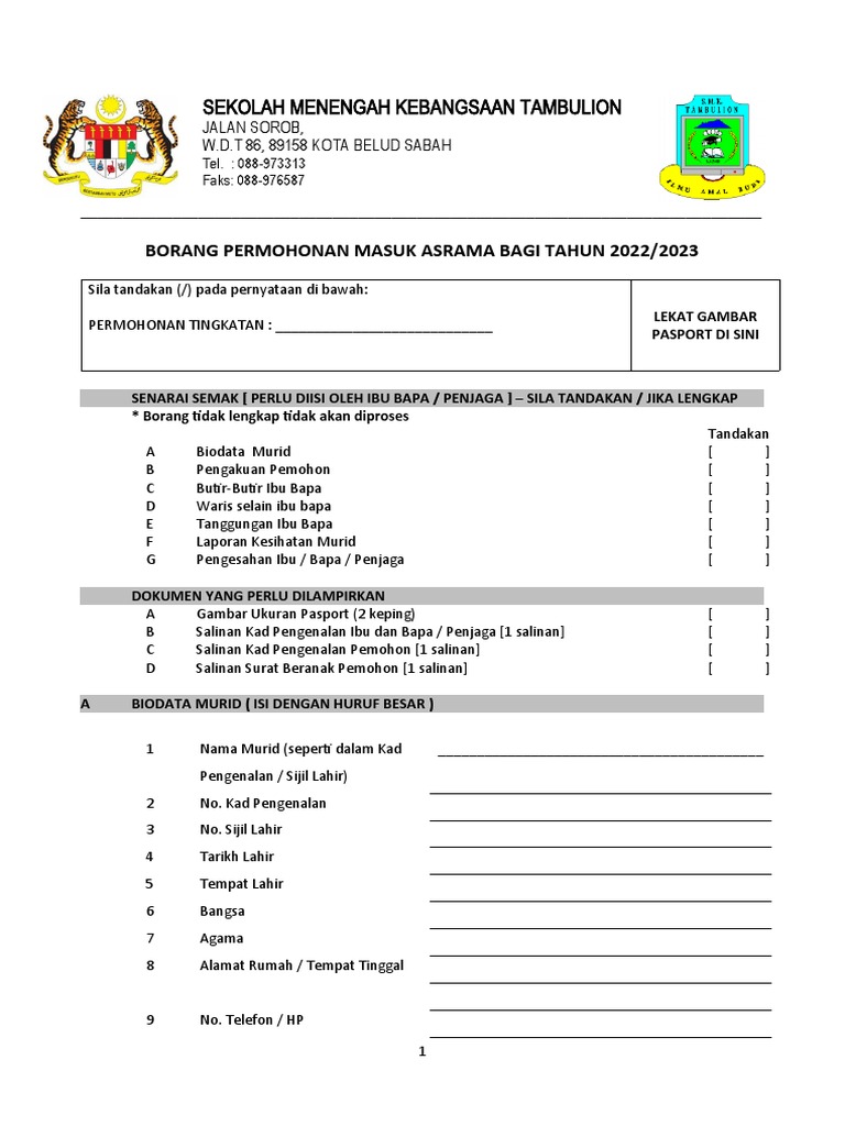 Sekolah Menengah Kebangsaan Tambulion: Borang Permohonan Masuk Asrama Bagi Tahun 2022/2023 | PDF