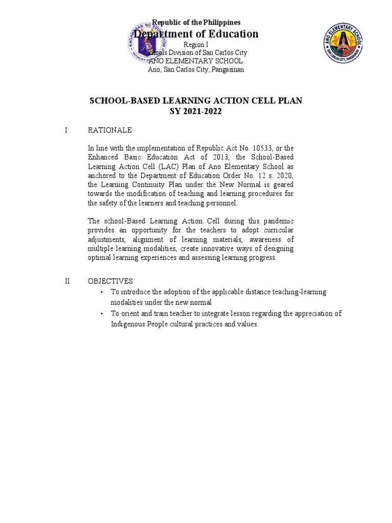 Department of Education: School-Based Learning Action Cell Plan SY 2021-2022 | PDF | Learning ...