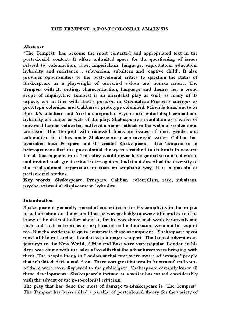 Post Colonial Analysis of The Tempest | PDF | The Tempest | Postcolonialism