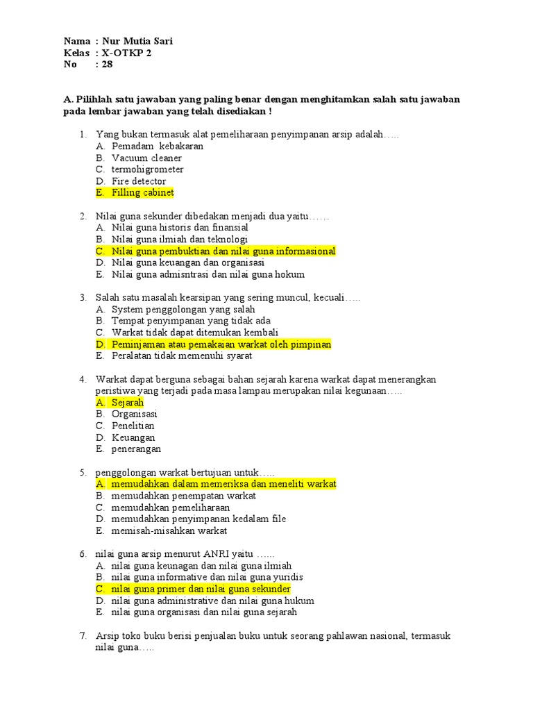 LEMBAR SOAL & JAWABAN - Nur Mutia Sari - X OTKP 2 - 28 | PDF