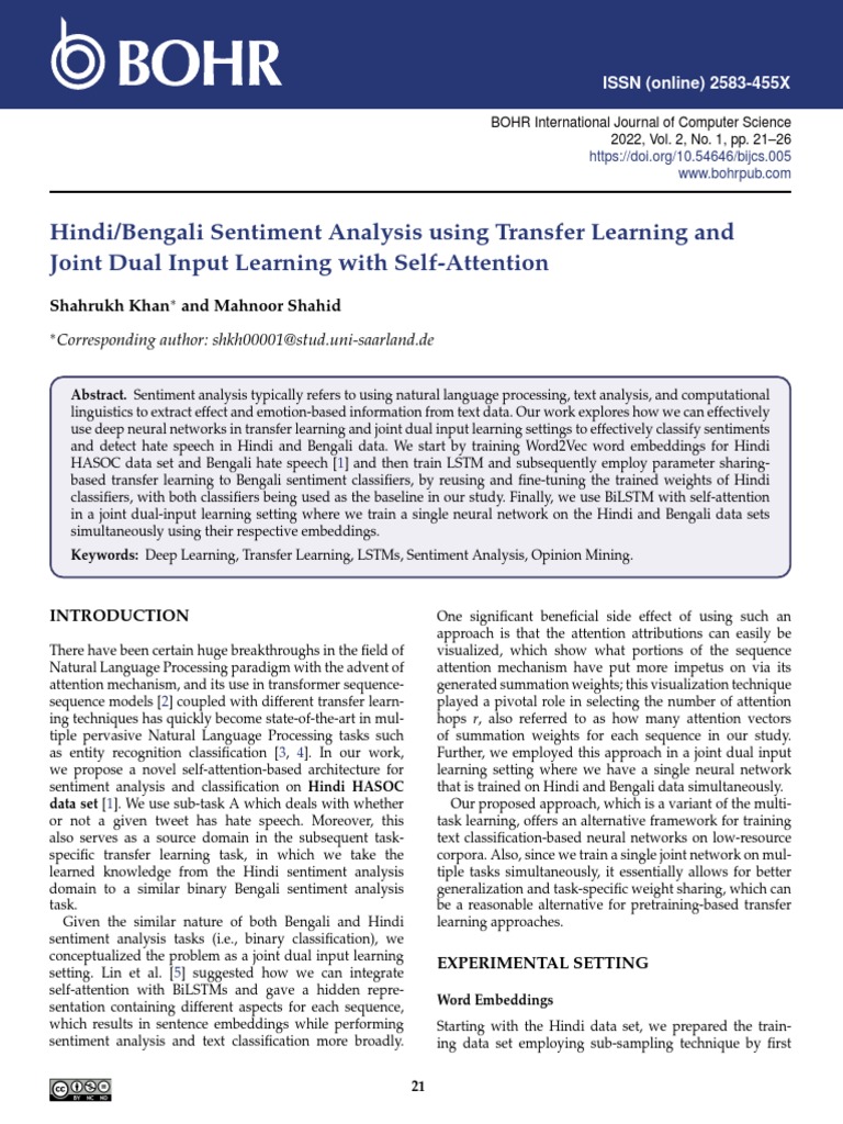 Hindi/Bengali Sentiment Analysis Using Transfer Learning and Joint Dual Input Learning With Self ...