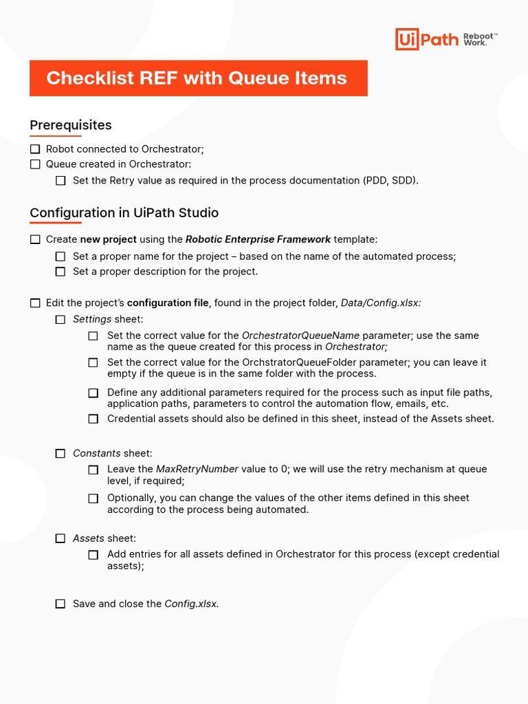 REFramework With Queues - Checklist | PDF | Parameter (Computer Programming) | Extensible ...
