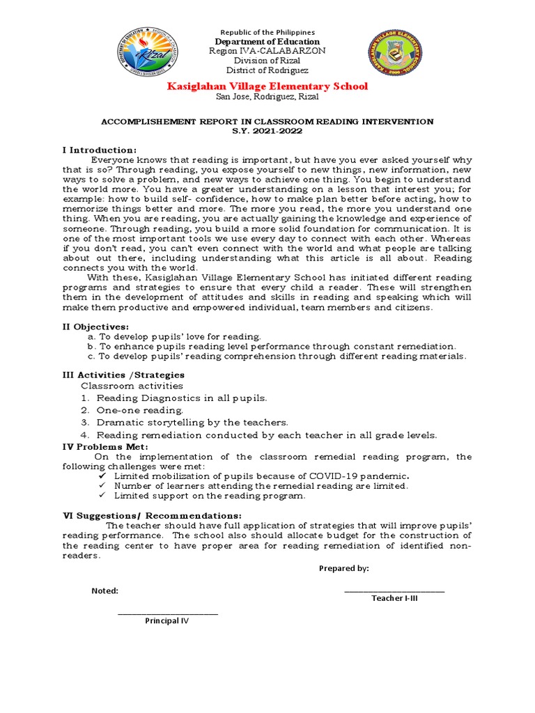 Accomplishment REPORT in READING Intervention | PDF | Teachers | Pedagogy