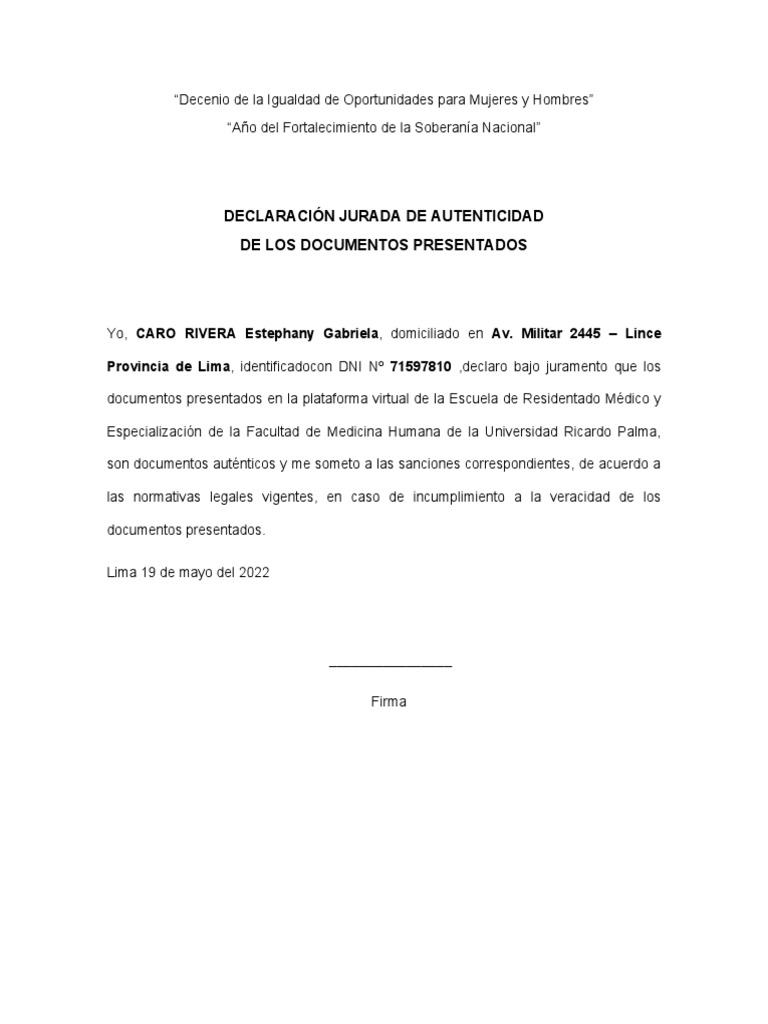 Declaración Jurada de Autenticidad | PDF