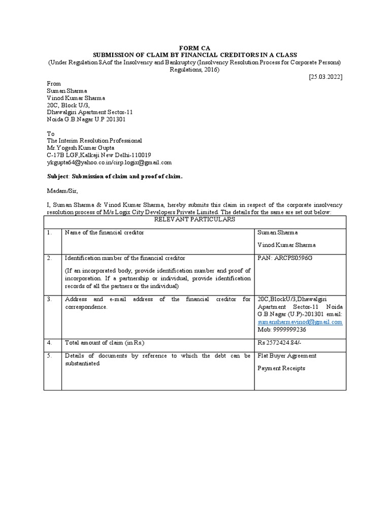 Sample Ca Form Duly Filled - For Guidance Only | PDF | Bankruptcy | Set ...