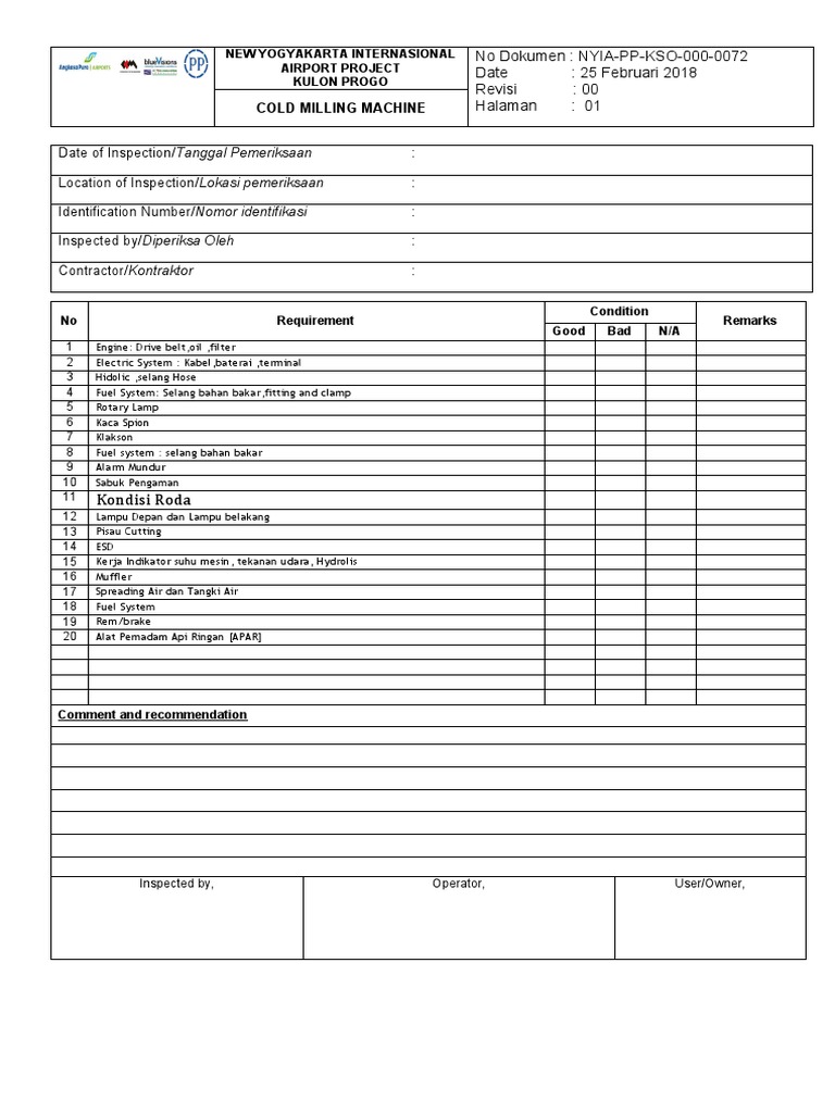Cold Milling Machine Checklist | PDF