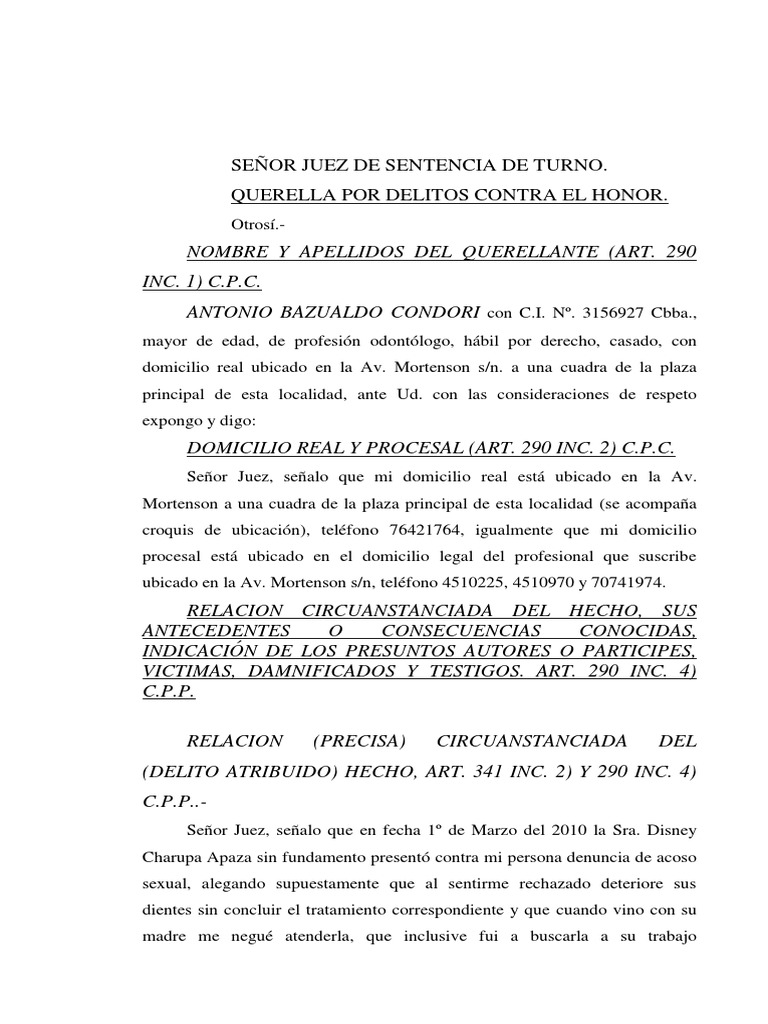 Modelo de Querella - Delito de Accion Privada | PDF | Queja | Difamación