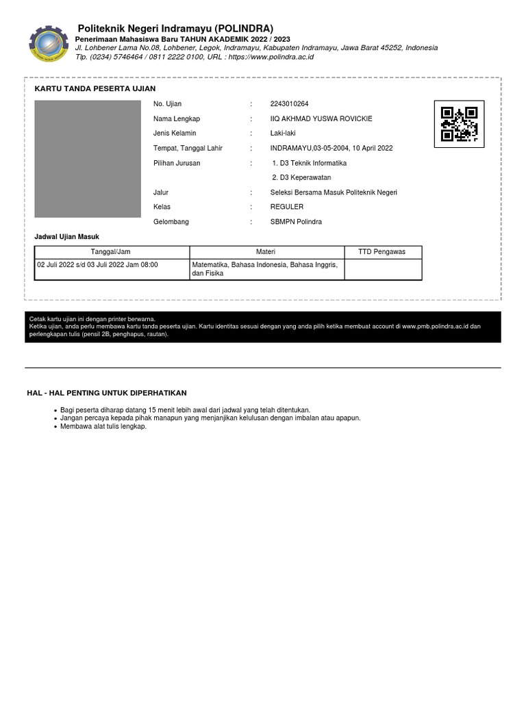 Politeknik Negeri Indramayu (POLINDRA) : Kartu Tanda Peserta Ujian | PDF