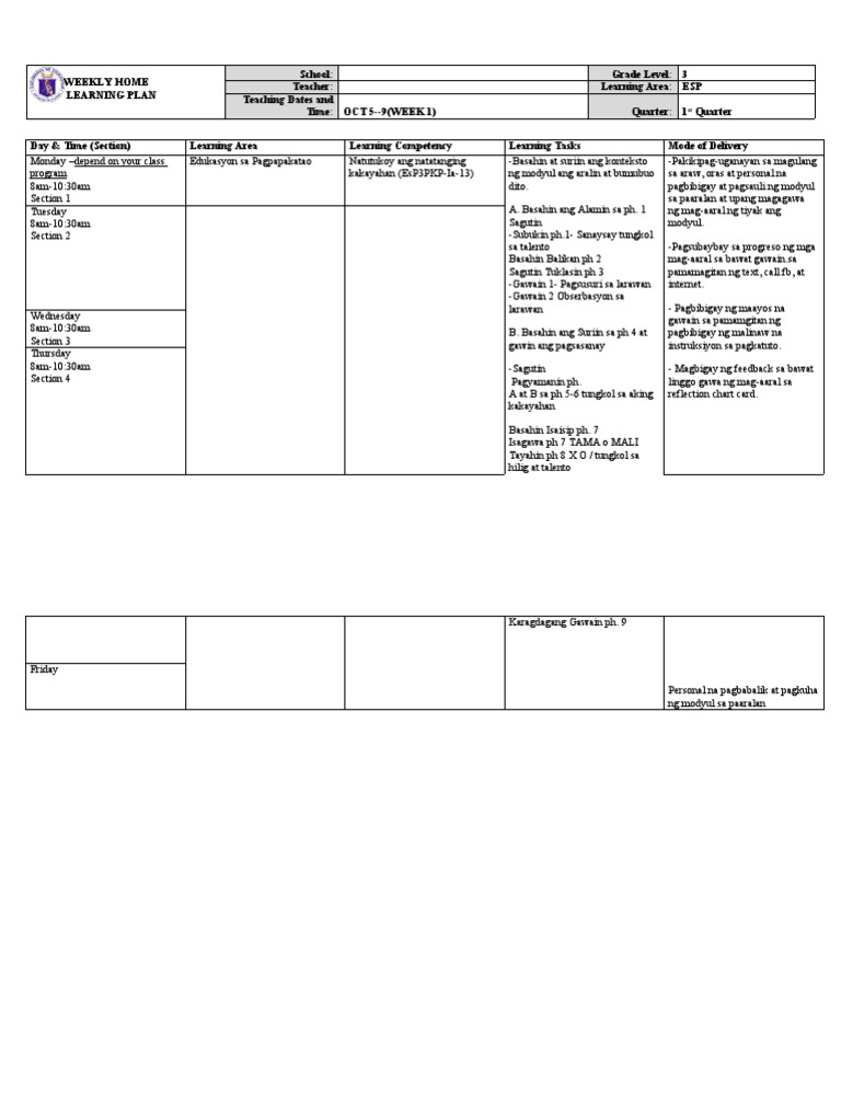 ESP Grade 3 Weekly Home Learning Plan - For Modular 1st Quarter-1st ...