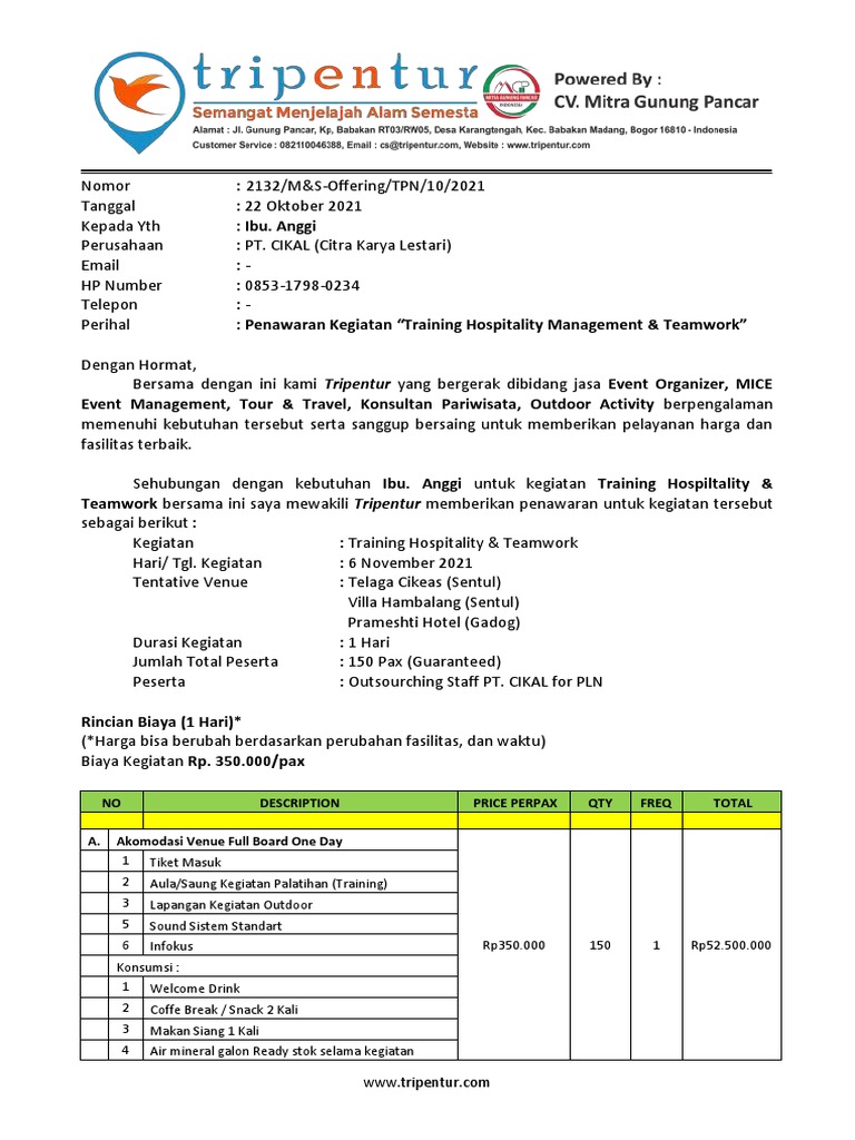 Surat Penawaran Training Hospitality PT CIKAL Revisi | PDF | Bisnis