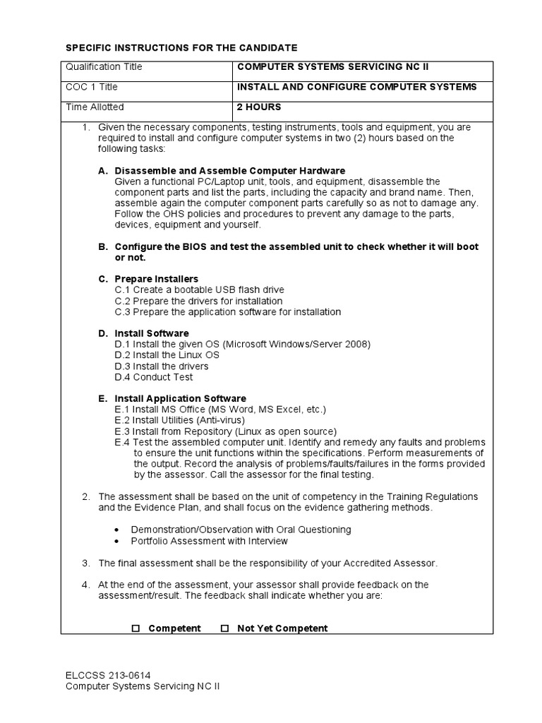 CSS NC II: Candidate Instructions | PDF | Installation (Computer ...