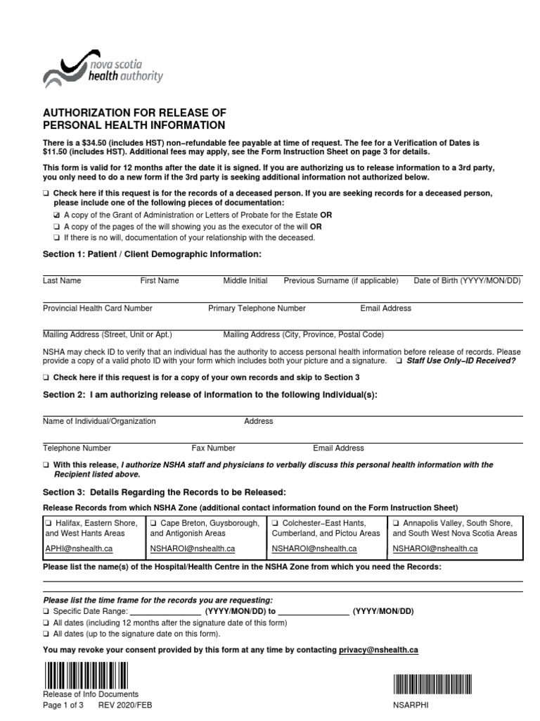 Authorization For Release of Personal Health Information | PDF ...