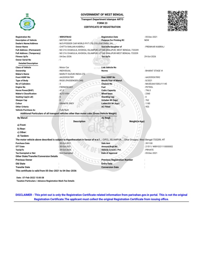 Government of West Bengal: Transport Department Islampur ARTO Form 23 ...