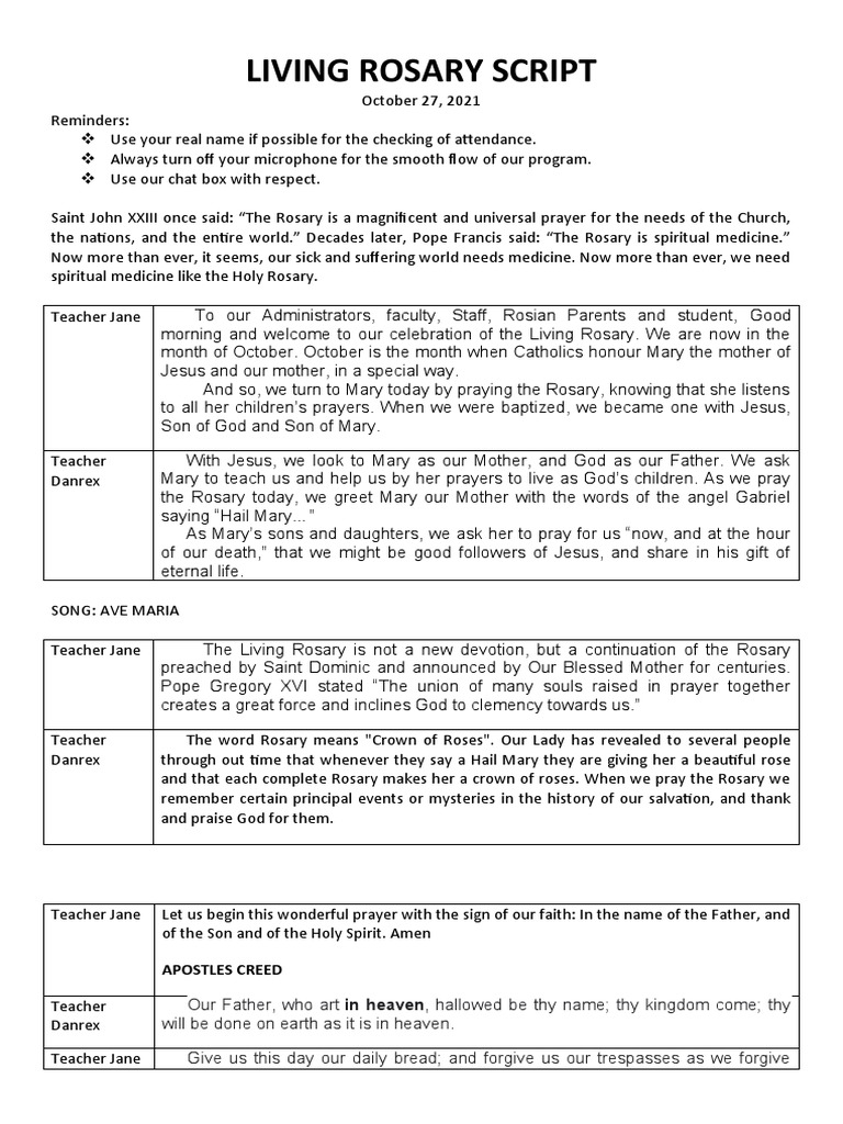 Living Rosary Script: Apostles Creed | PDF | Lord's Prayer | Rosary
