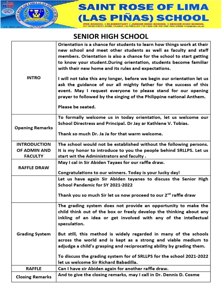 Senior High School Orientation - Script | PDF
