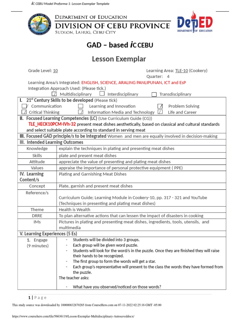 GAD - Based I: Lesson Exemplar | PDF | Foods | Curriculum