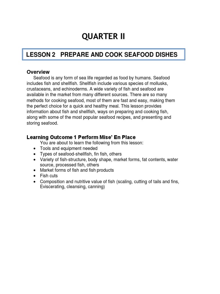 Cookery 10 Quarter 2 Seafoods | PDF | Grilling | Seafood