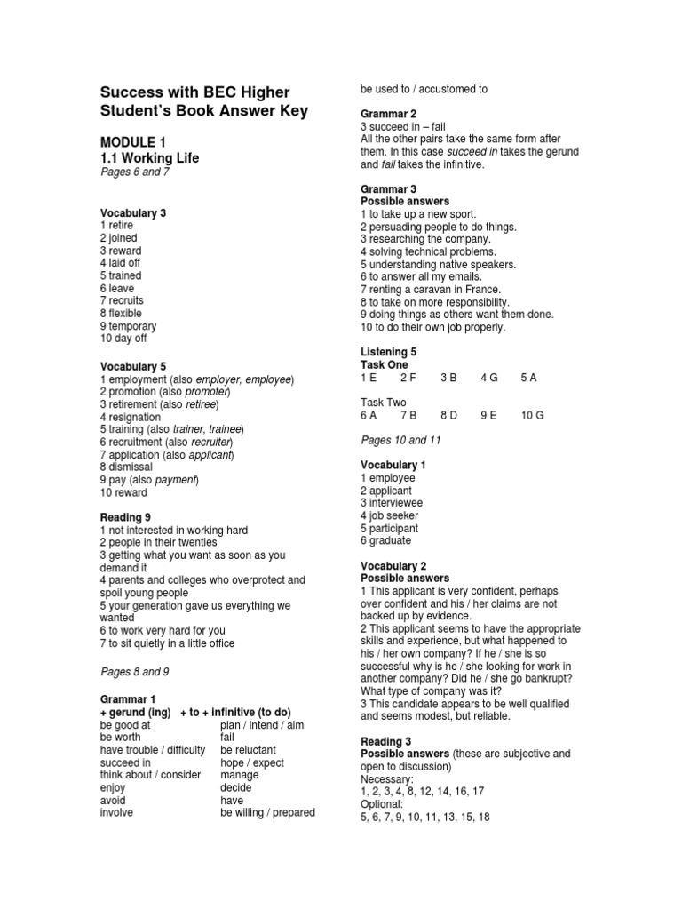 Success With BEC Higher Student's Book Answer Key: 1.1 Working Life ...