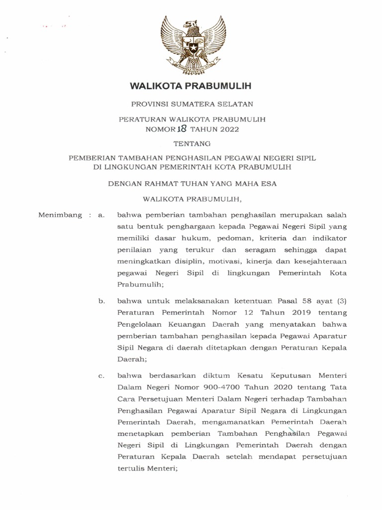 Perwako Nomor 18 Tahun 2022 Tentang Pemberian TPP Di Lingkungan Kota Prabumulih | PDF
