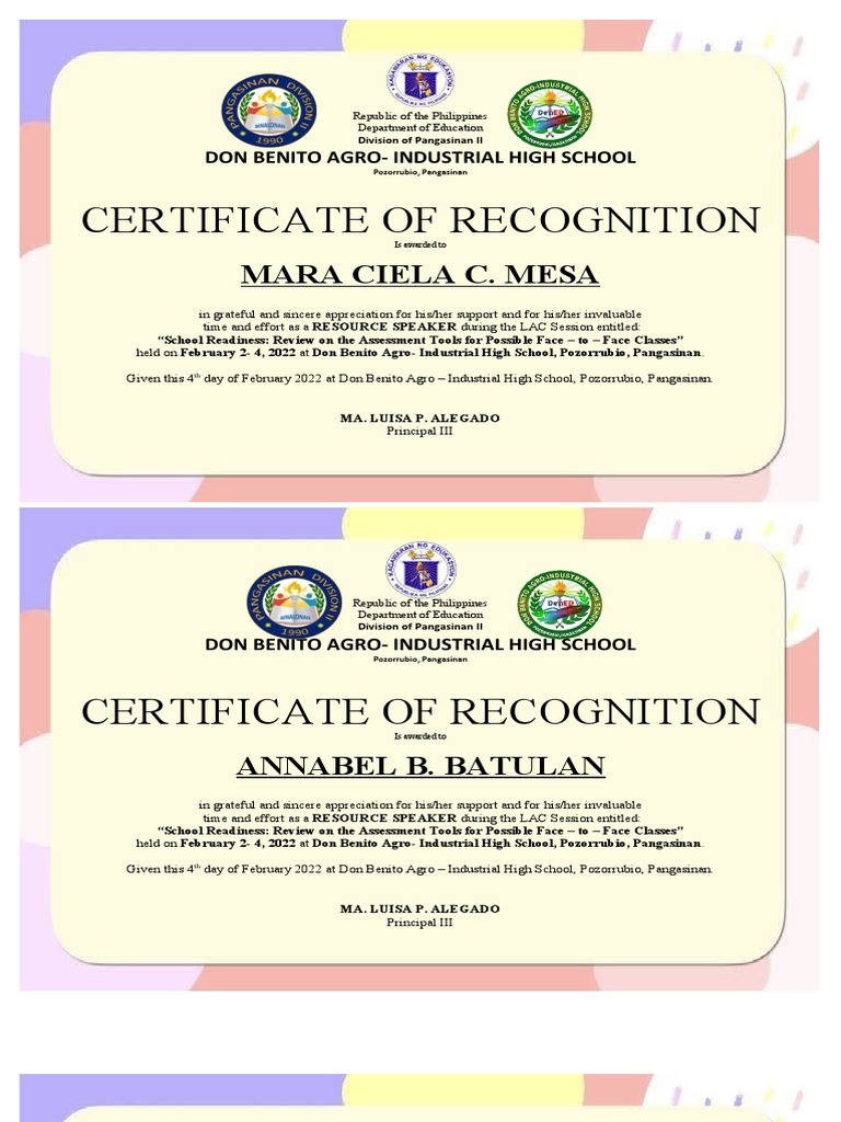 Certificates of Recognition and Participation for the LAC Session on ...