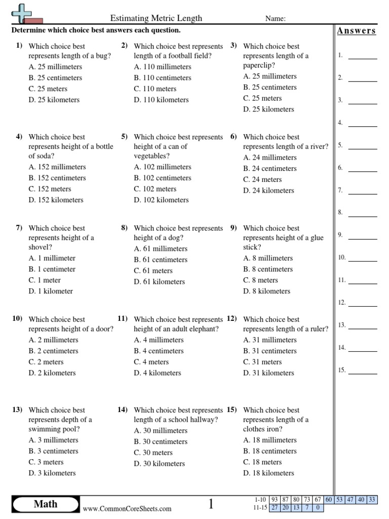 Metric Length Estimation Answer Key | PDF | Metre | Notation