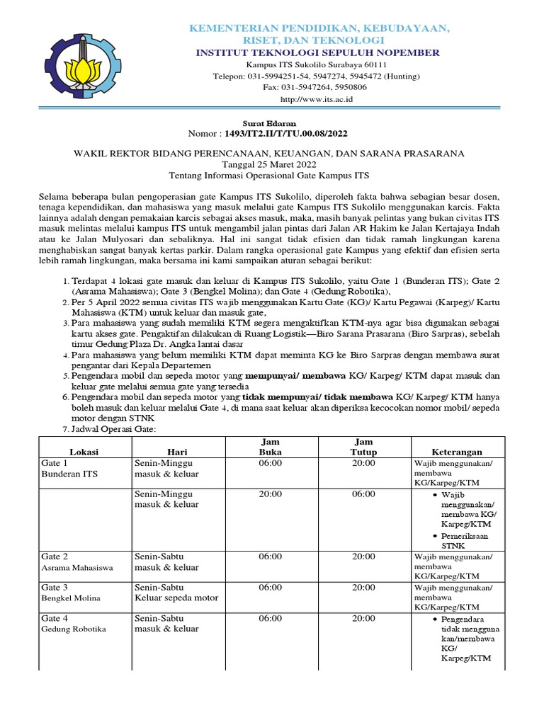 Aturan Baru Akses Gate Kampus ITS | PDF