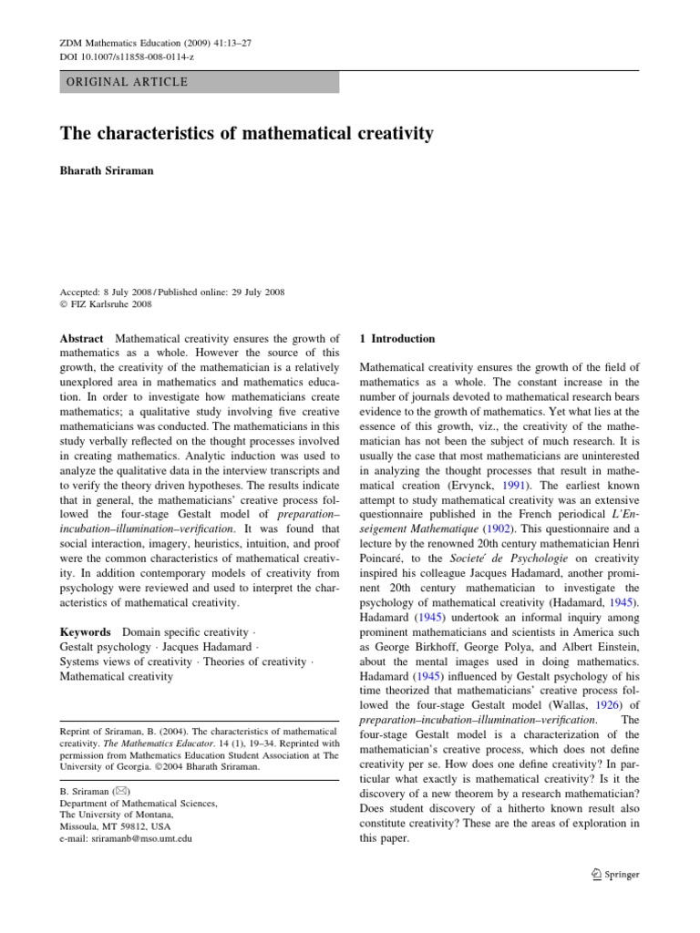 Characteristics of mathematical creativity explored through interviews ...