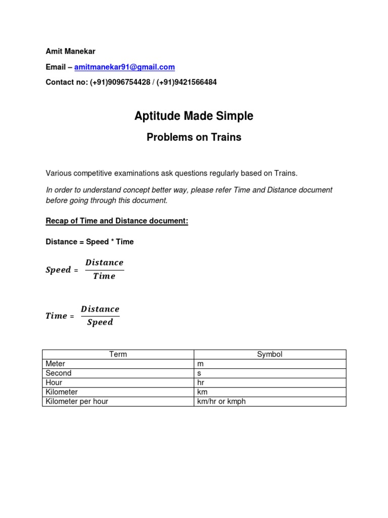 Aptitude Made Simple: Problems On Trains | PDF | Speed | Train