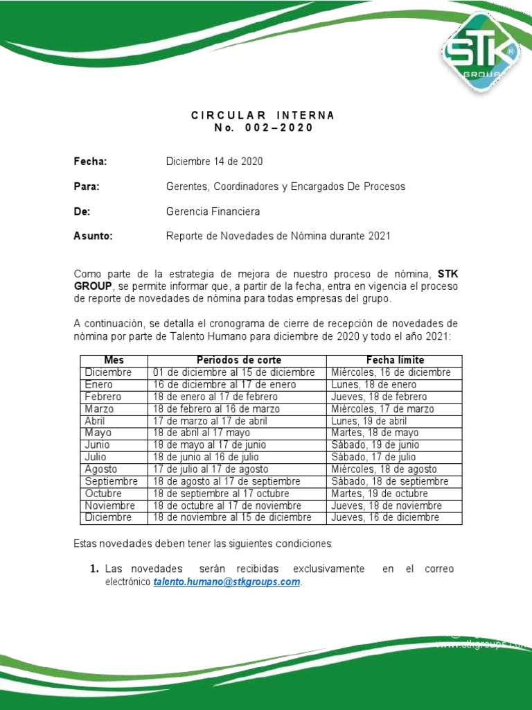 Circular Interna 002-2020. - Reporte de Novedades de Nómina Durante 2021 | PDF
