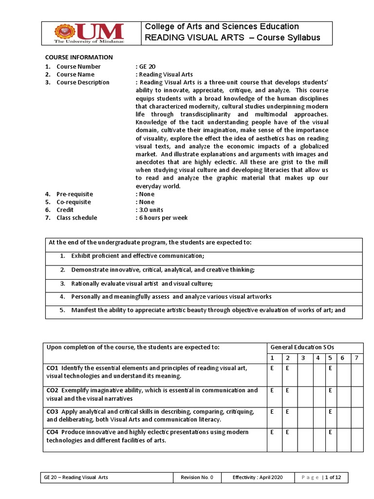 Ge 20 Reading Visual Arts Syllabus | PDF | Test (Assessment) | Rubric ...