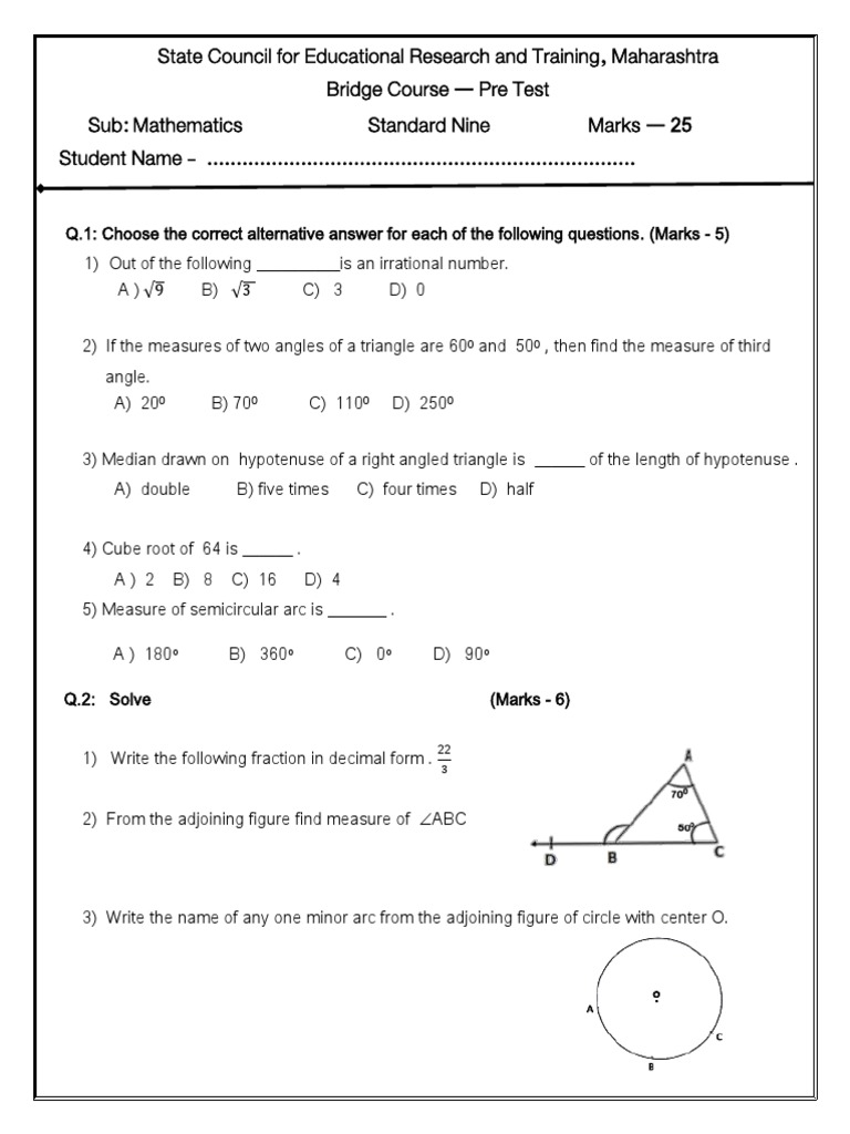 Pre Test STD 9 TH Maths Bridge Course | PDF