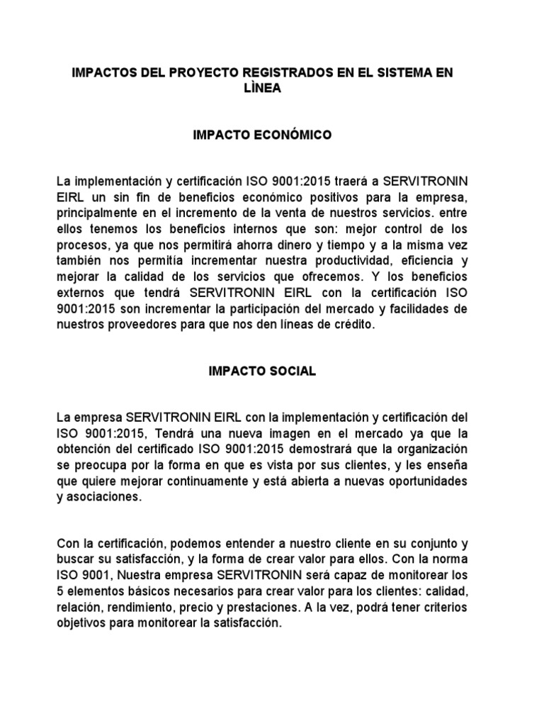 Impactos Del Proyecto Registrados en El Sistema en Lìnea | PDF ...