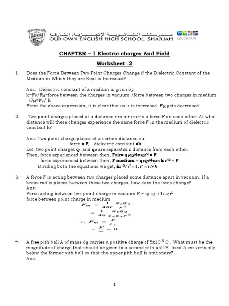 CHAPTER - 1 Electric Charges and Field Worksheet - 2: V M M V M | PDF ...