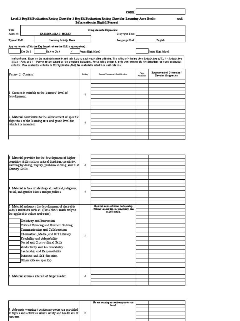 Level 2 Deped Evaluation Rating Sheet For 2 Deped Evaluation Rating ...