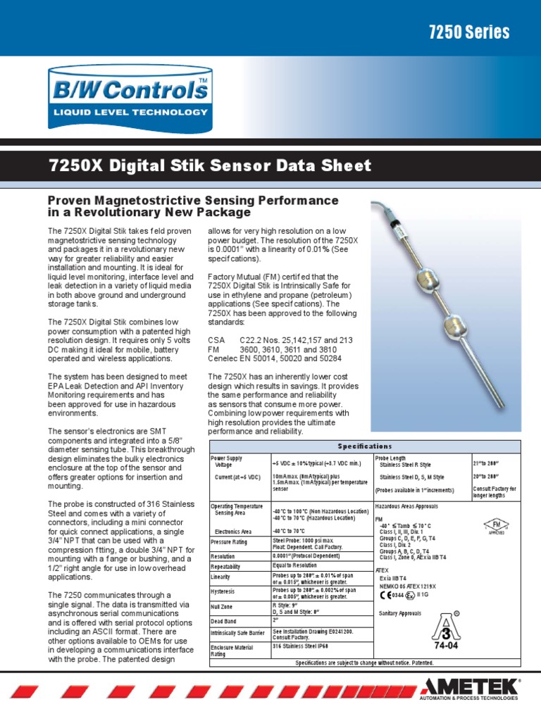 7250X Digital Stik Sensor Data Sheet: 7250 Series | PDF | Reliability ...