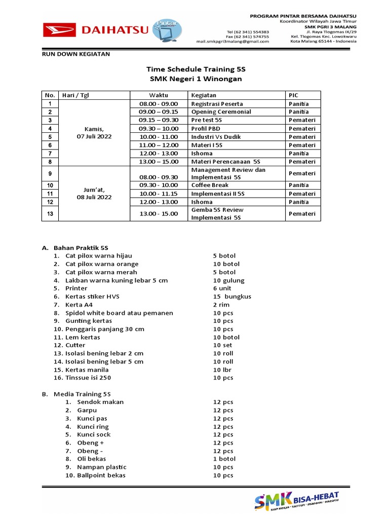 Rundown Training 5S Dan Bahan Training Di SMKN 1 Winongan | PDF