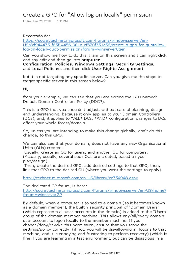 Create A GPO For "Allow Log On Locally" Permission: Friday, June 29 ...