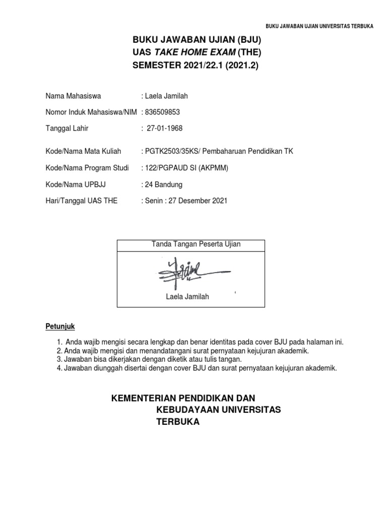 BJU UAS Pembaharuan Pendidikan TK Laela Jamilah | PDF