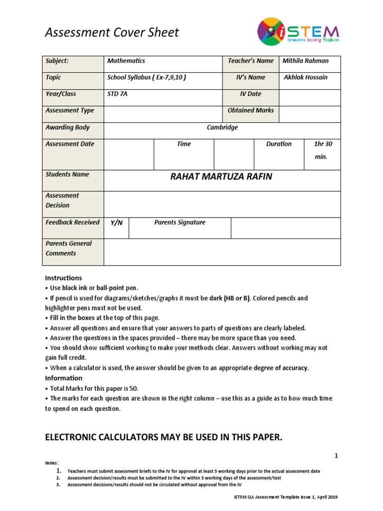 Mathematics STD 7A RAHAT MARTUZA RAFIN | PDF | Cognition | Learning