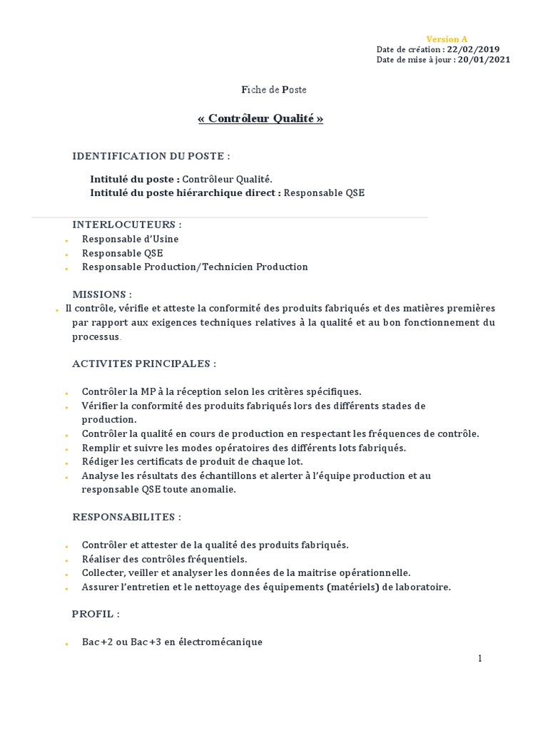 Contrôleur Qualité - Fiche de Poste | PDF
