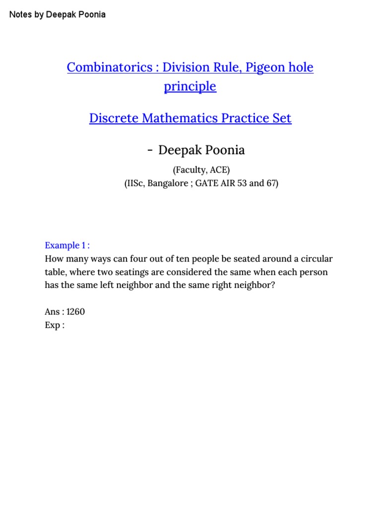 Combinatorics: Division Rule, Pigeon Hole Principle Discrete Mathematics Practice Set | PDF ...