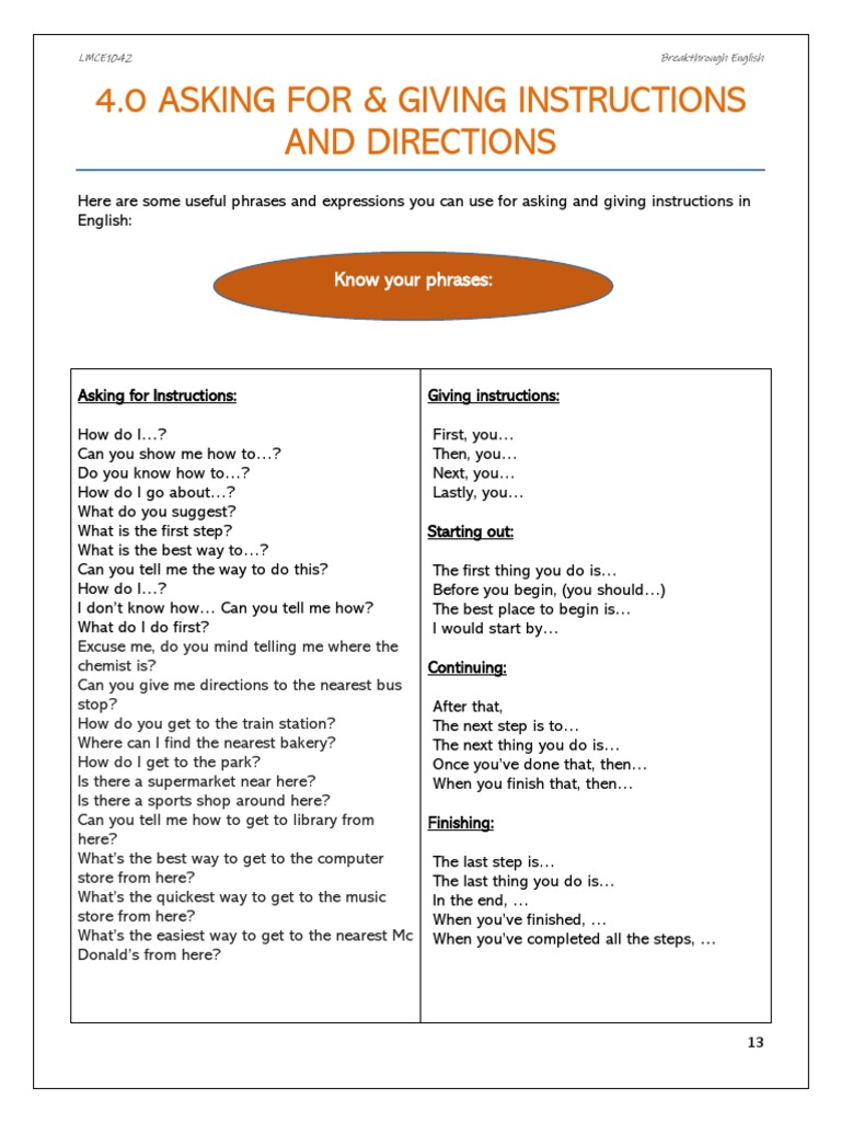 Asking For and Giving Instructions and Directions | PDF | Intersection ...