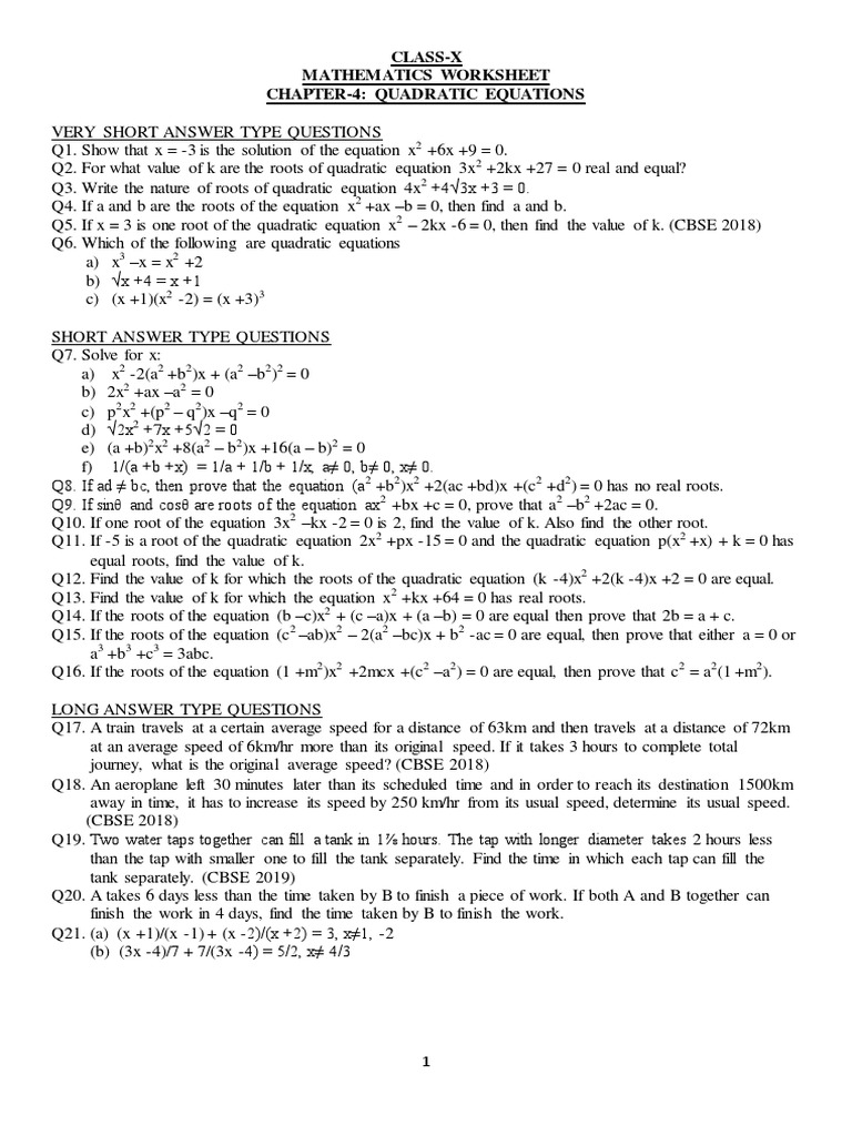 Class-X Mathematics Worksheet Chapter-4: Quadratic Equations | PDF | Quadratic Equation | Equations