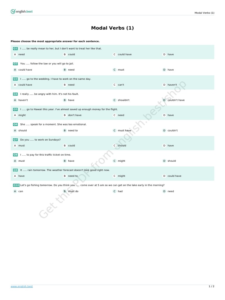 Modal Verbs (1) : Please Choose The Most Appropriate Answer For Each Sentence | PDF | Semantic ...