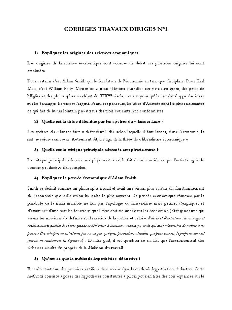 CORRIGES TRAVAUX DIRIGES TD1 Et TD2 | PDF | Valeur (Économie) | École néo-classique
