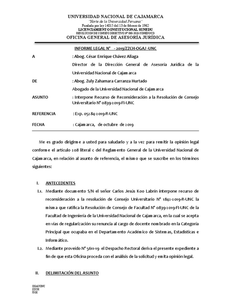 Informe Legal Recurso de Reconsideración Carlos Koo Labrin | PDF ...