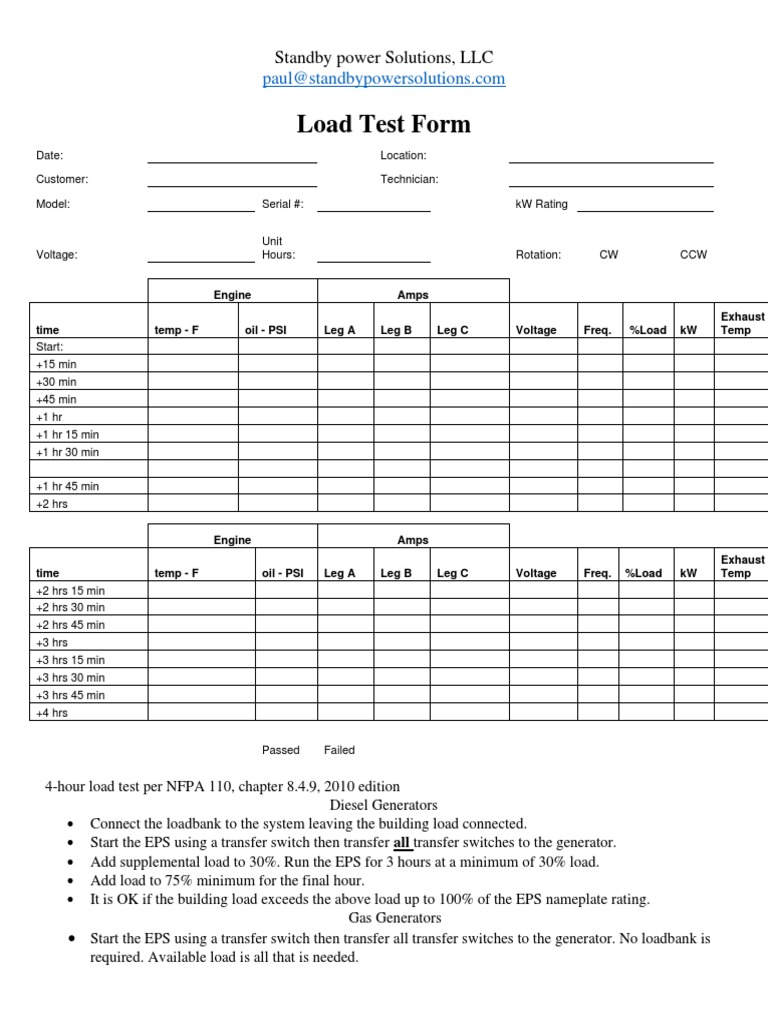 Load Test Form: Standby Power Solutions, LLC | PDF | Switch | Electric ...